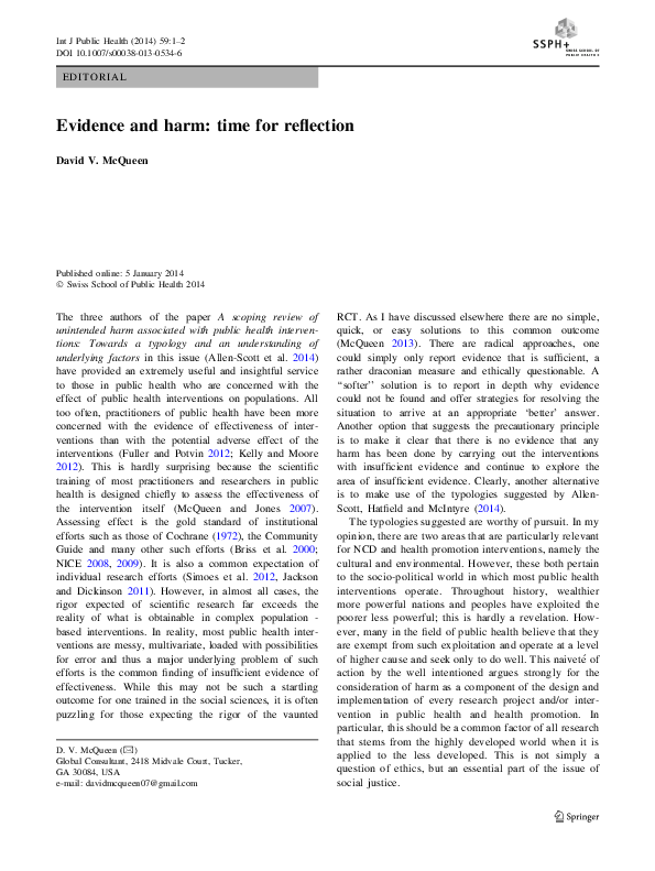 (PDF) Evidence and harm: time for reflection | David Mcqueen - Academia.edu