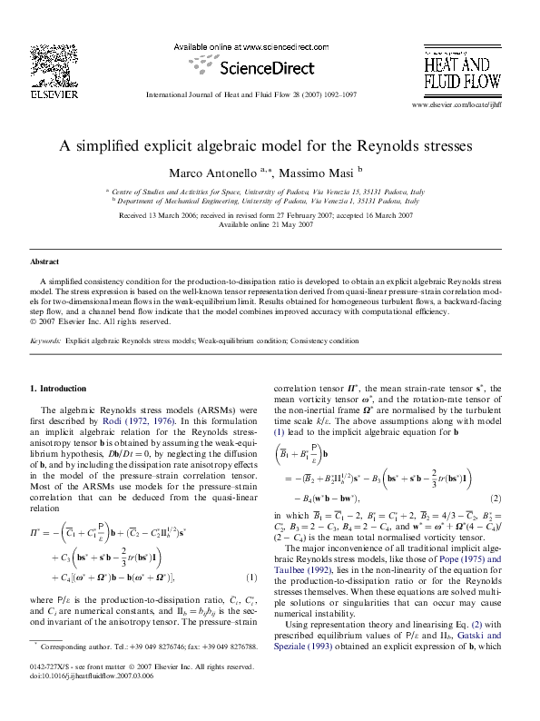 (PDF) A simplified explicit algebraic model for the Reynolds stresses