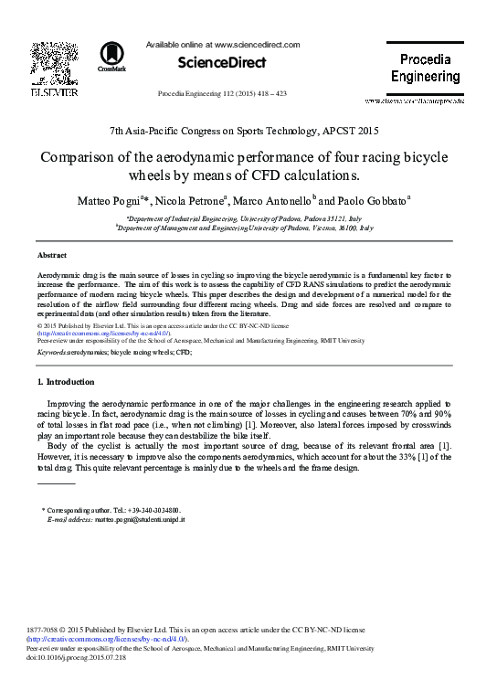 (PDF) Comparison of the Aerodynamic Performance of Four Racing Bicycle ...