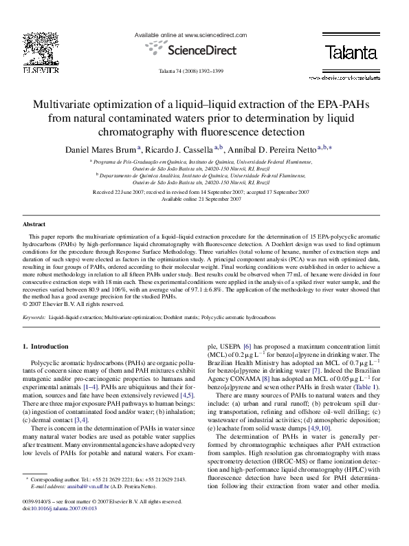 Pdf Multivariate Optimization Of A Liquid Liquid Extraction Of The Epa Pahs From Natural