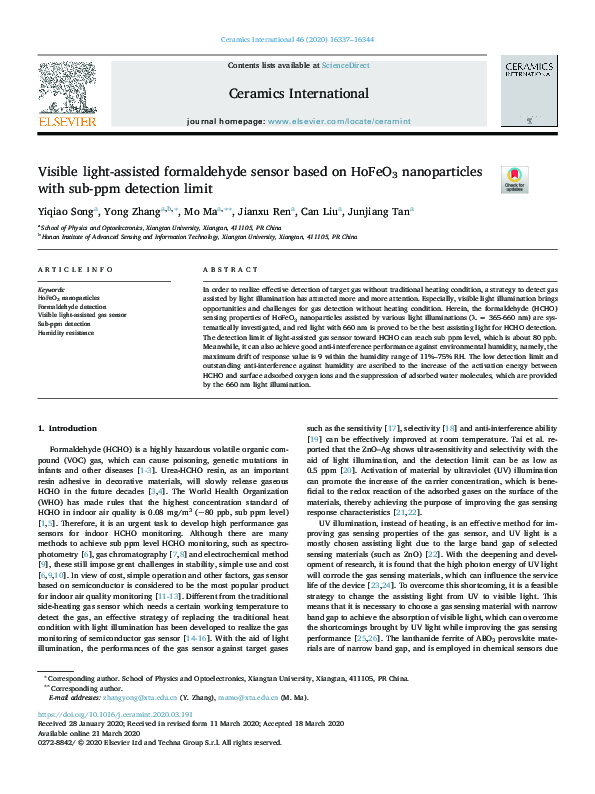 (PDF) Visible light-assisted formaldehyde sensor based on HoFeO3 ...
