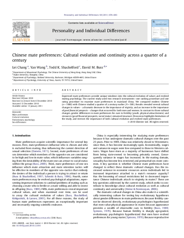 (PDF) Chinese mate preferences: Cultural evolution and continuity ...