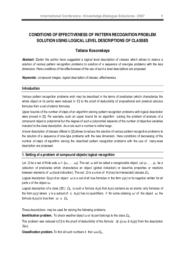 (PDF) 1 Conditions of Effectiveness of Pattern Recognition Problem Solution Using Logical Level ...