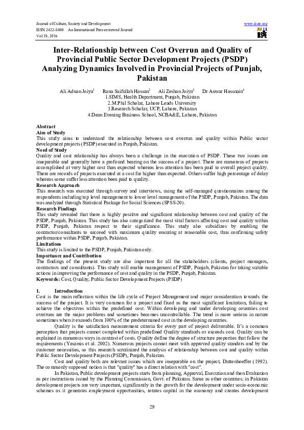 (PDF) Inter-Relationship between Cost Overrun and Quality of Provincial ...