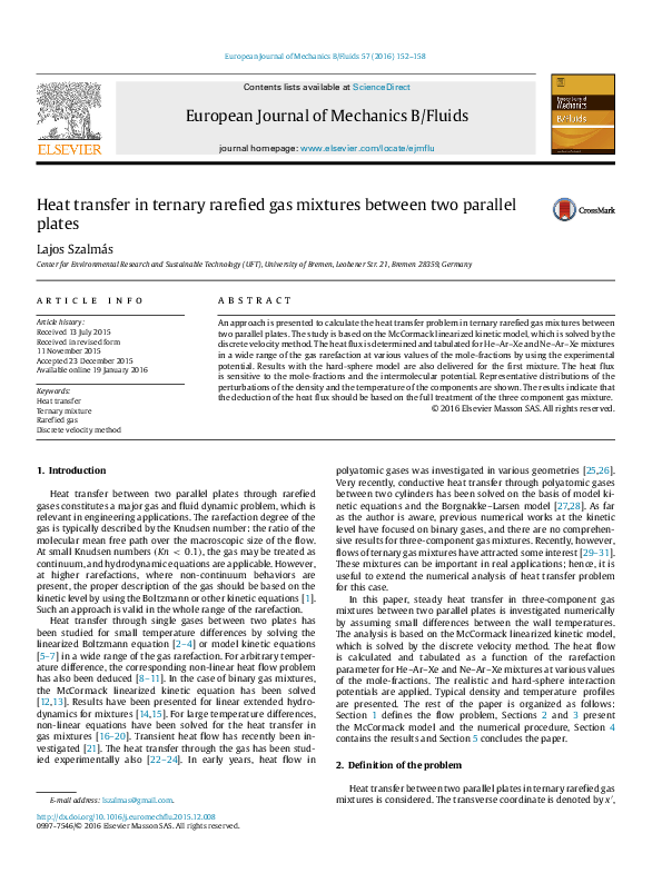 (PDF) Heat transfer in ternary rarefied gas mixtures between two ...