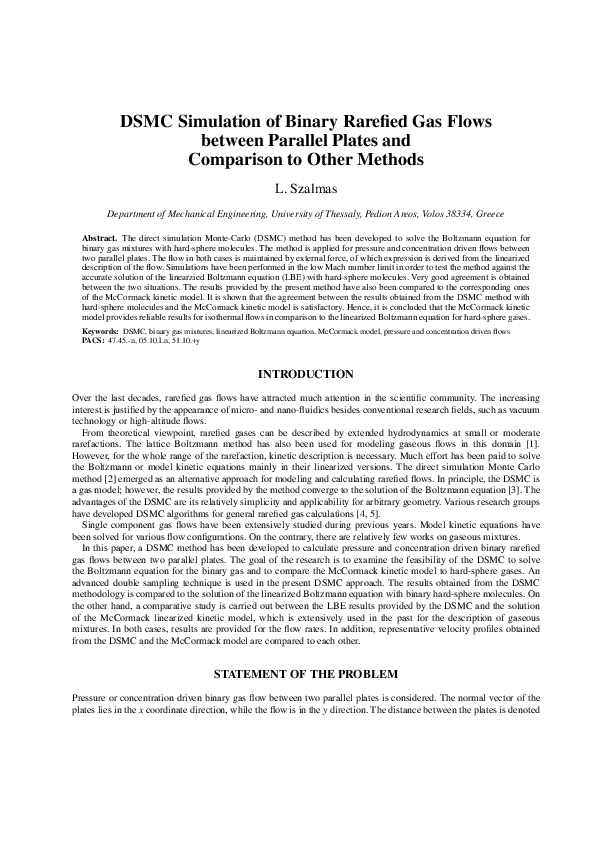 Pdf Dsmc Simulation Of Binary Rarefied Gas Flows Between Parallel