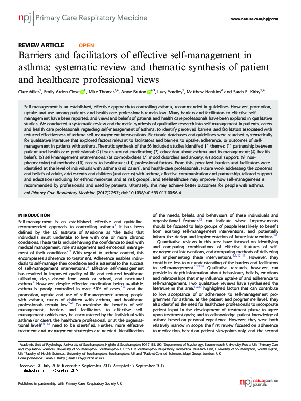 (PDF) Barriers and facilitators of effective self-management in asthma: systematic review and ...