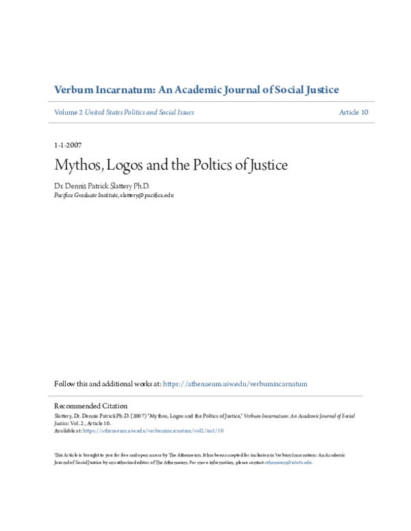 (PDF) Mythos, Logos and the Poltics of Justice | Dennis Slattery ...