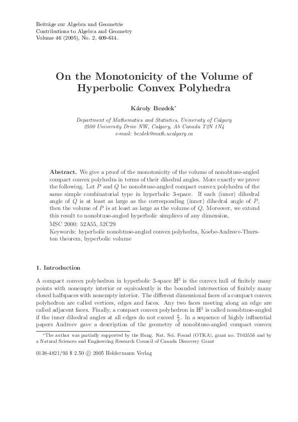 (PDF) On the Monotonicity of the Volume of Hyperbolic Convex Polyhedra ...