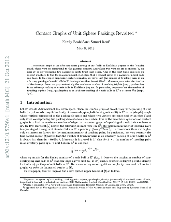 (PDF) Contact graphs of unit sphere packings revisited