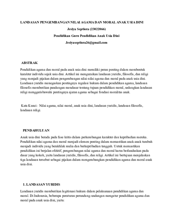 (PDF) LANDASAN PENGEMBANGAN NILAI AGAMA DAN MORAL ANAK USIA DINI Jesiya Septiora (23022066 ...