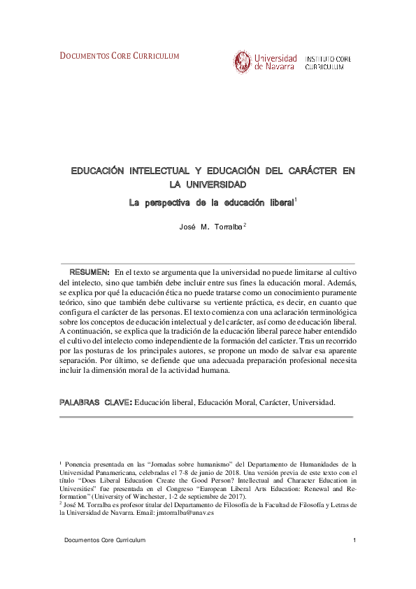 (PDF) Torralba, J. M., "Educación intelectual y educación del carácter ...