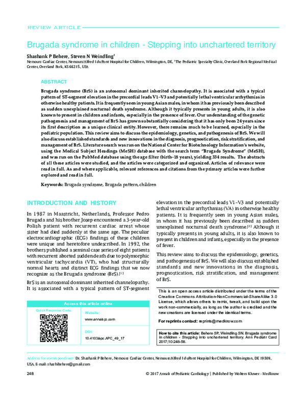 (PDF) Brugada syndrome in children - Stepping into unchartered ...