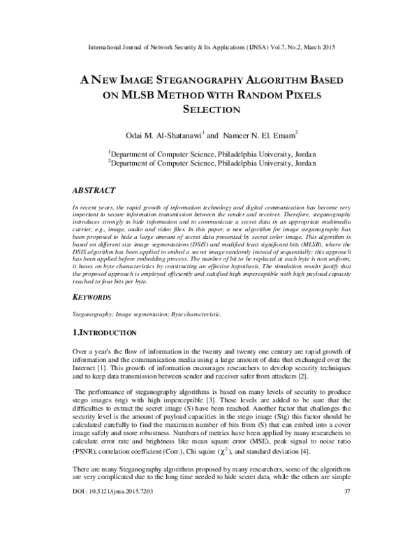 (PDF) A NEW IMAGE STEGANOGRAPHY ALGORITHM BASED ON MLSB METHOD WITH RANDOM PIXELS SELECTION ...