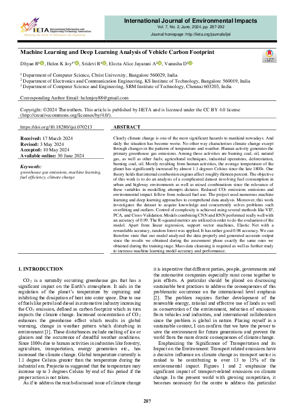 (PDF) Machine Learning and Deep Learning Analysis of Vehicle Carbon Footprint
