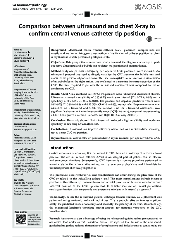 (PDF) Comparison between ultrasound and chest X-ray to confirm central ...