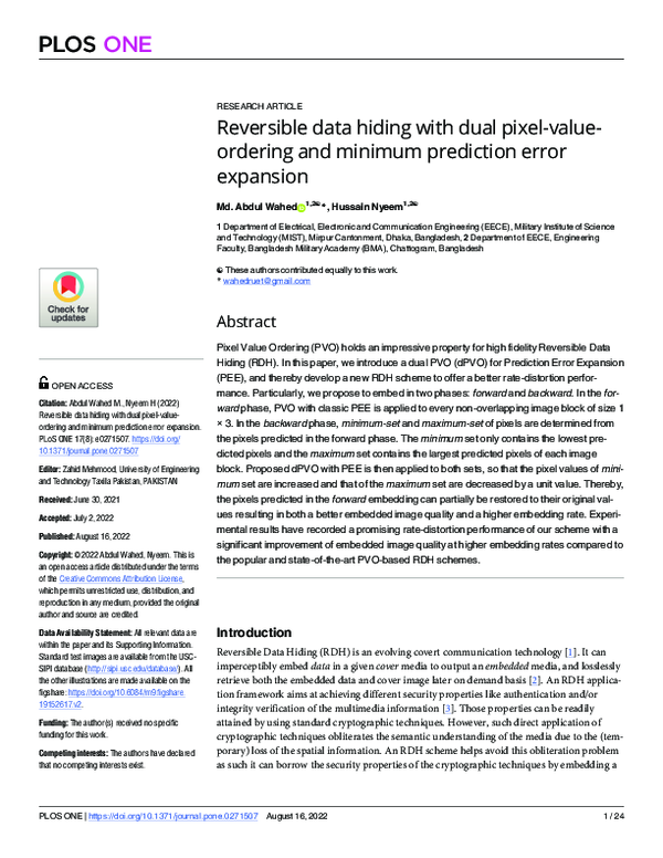 (PDF) Reversible data hiding with dual pixel-value-ordering and minimum prediction error expansion