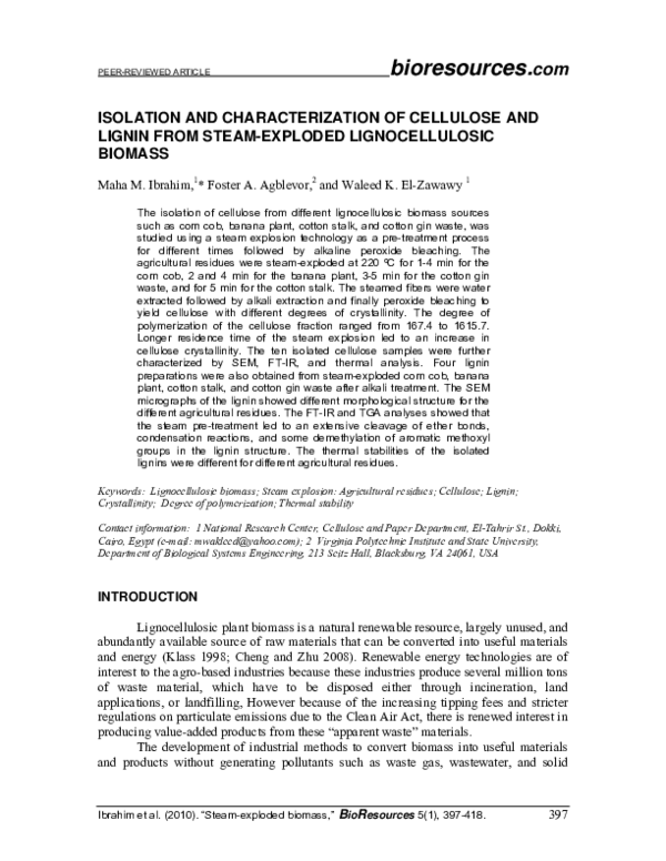 (PDF) Isolation and characterization of cellulose and lignin from steam ...
