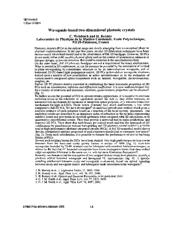 Pdf Waveguide Based Two Dimensional Photonic Crystals Claude Weisbuch