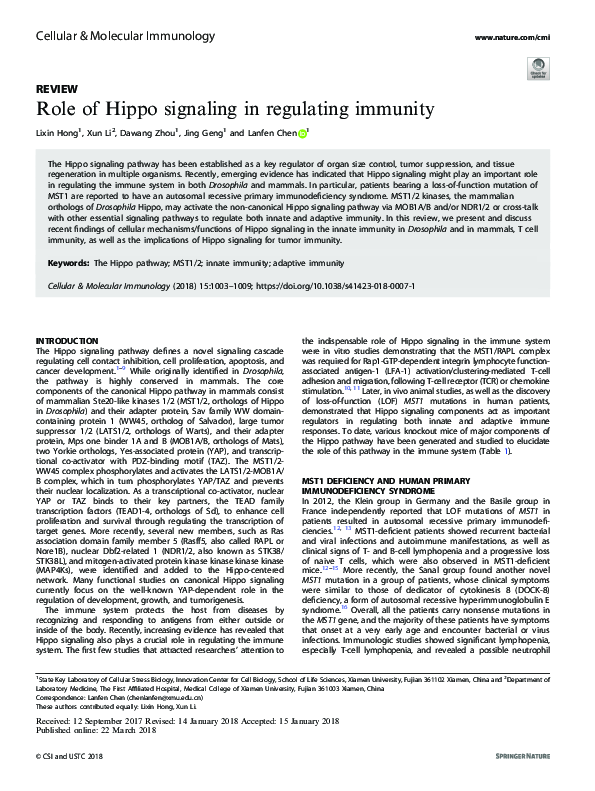 (PDF) Role of Hippo signaling in regulating immunity