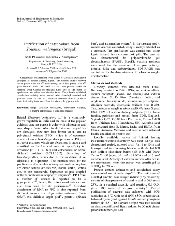 (PDF) Purification of catecholase from Solanum melangena (brinjal)