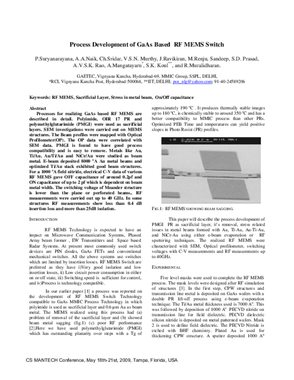 (PDF) Process Development of GaAs Based RF MEMS Switch | Vsn Murthy - Academia.edu