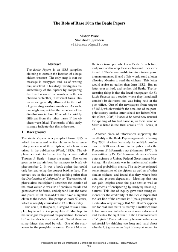 (PDF) The Role of Base 10 in the Beale Papers