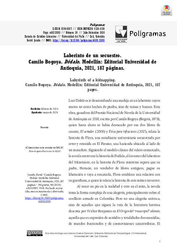 (PDF) Laberinto de un secuestro. Reseña de Dédalo de Camilo Bogoya