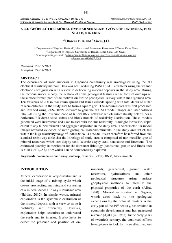(PDF) A 3-D GEOELECTRIC MODEL OVER MINERALIZED ZONE OF UGONOBA, EDO STATE, NIGERIA