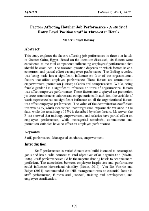 (PDF) Factors Affecting Hotelier Job Performance - A study of Entry ...