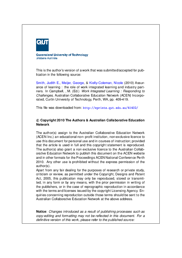 (PDF) Assurance of learning : the role of work integrated learning and ...