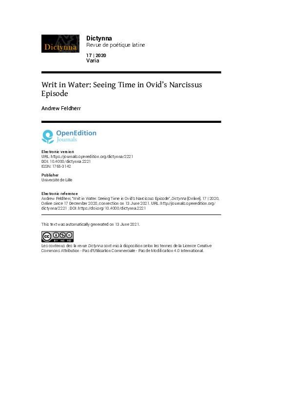 (PDF) Writ in Water: Seeing Time in Ovid’s Narcissus Episode*