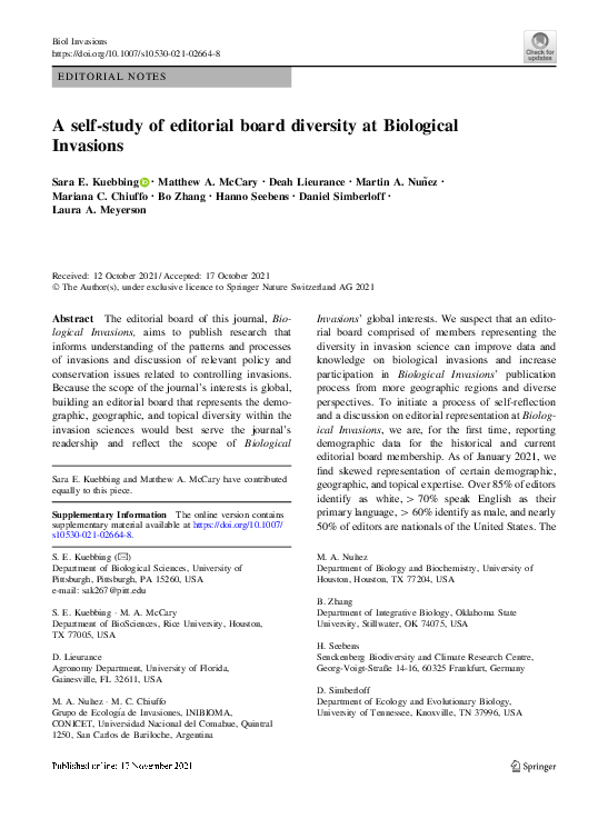 (PDF) A self-study of editorial board diversity at Biological Invasions