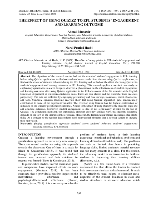 (PDF) The Effect of Using Quizizz to Efl Students’ Engagement and Learning Outcome