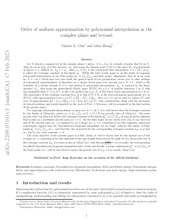 (PDF) Order of uniform approximation by polynomial interpolation in the complex plane and beyond