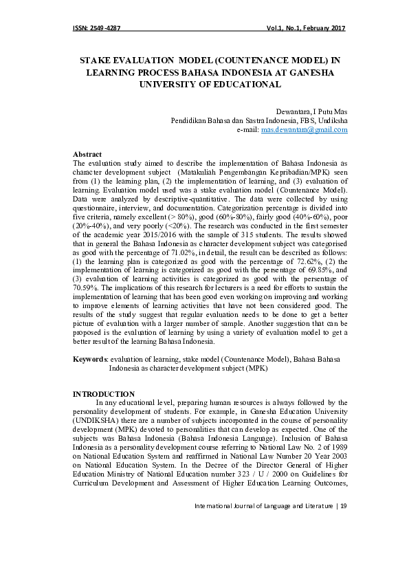 (PDF) Stake Evaluation Model (Countenance Model) in Learning Process Bahasa Indonesia at Ganesha ...