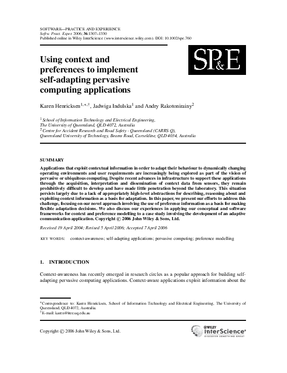 Pdf Using Context And Preferences To Implement Self Adapting Pervasive Computing Applications