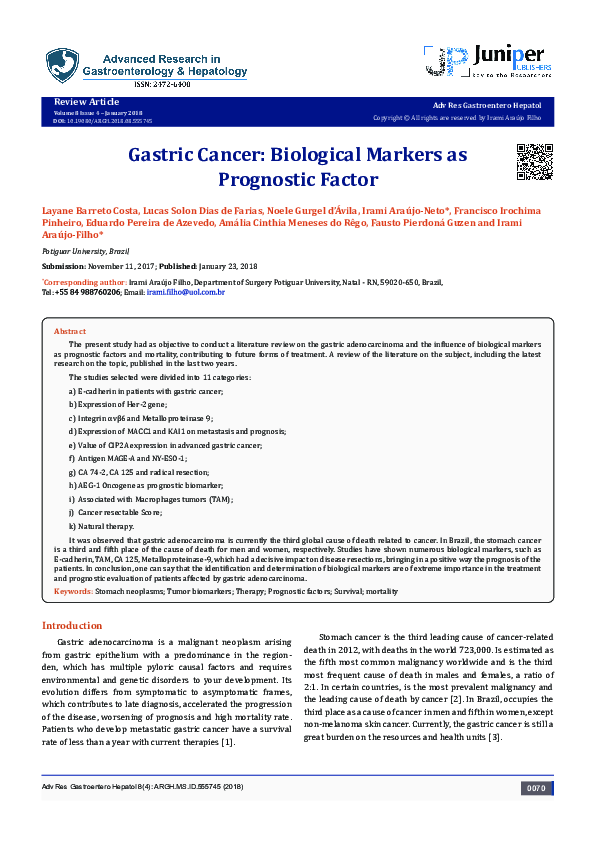 (PDF) Gastric Cancer: Biological Markers as Prognostic Factor