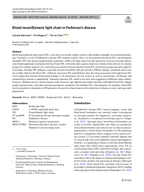 (PDF) Blood neurofilament light chain in Parkinson’s disease | Carsten Buhmann - Academia.edu