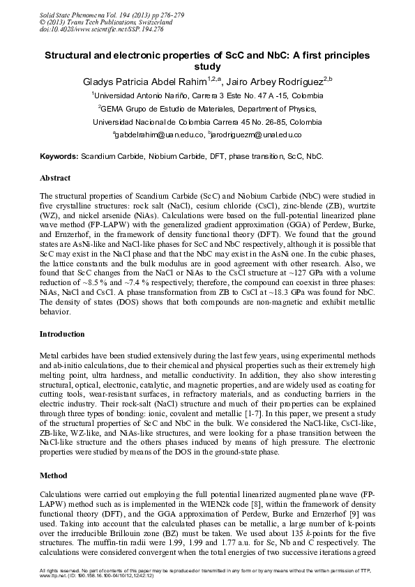 (PDF) Structural and electronic properties of ScC and NbC: A first principles study
