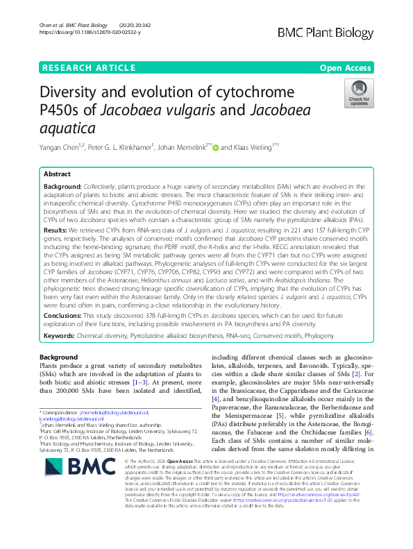 (PDF) Diversity and evolution of cytochrome P450s of Jacobaea vulgaris and Jacobaea aquatica