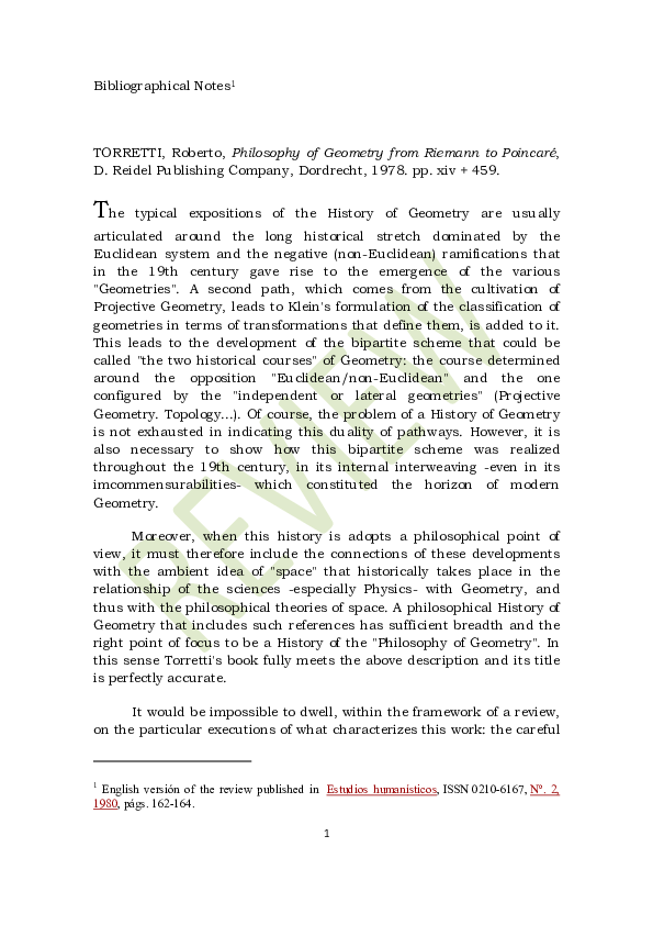 (PDF) Roberto Torretti. Philosophy of Geometry from Riemann to Poincaré
