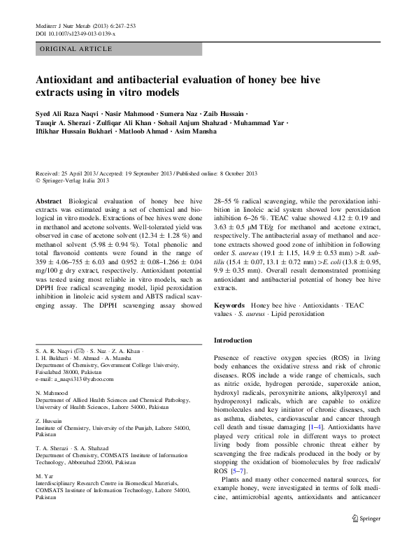 (PDF) Antioxidant and antibacterial evaluation of honey bee hive extracts using in vitro models
