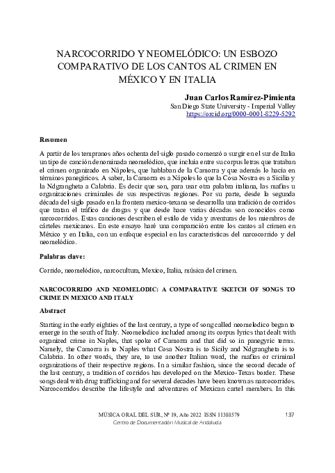 (PDF) Narcocorrido y neomelódico: un esbozo comparativo de los cantos ...