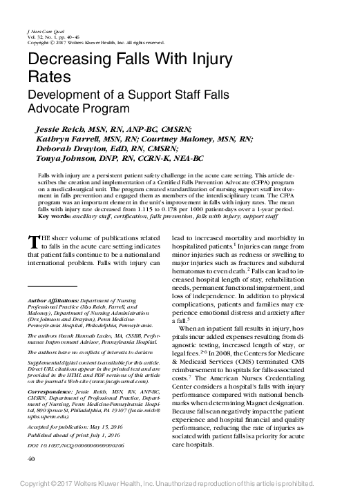 (PDF) Decreasing Falls With Injury Rates
