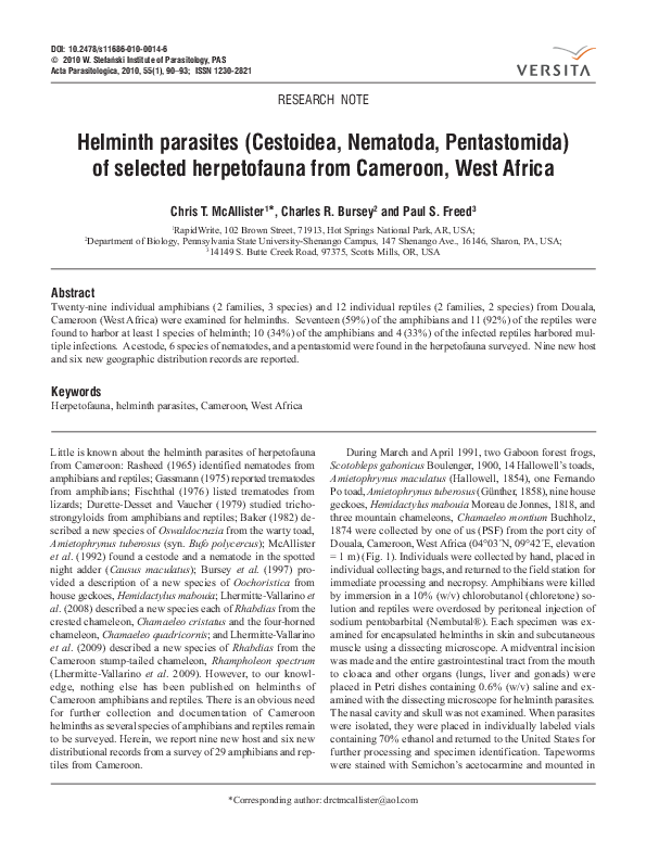 (PDF) Helminth parasites (Cestoidea, Nematoda, Pentastomida) of ...