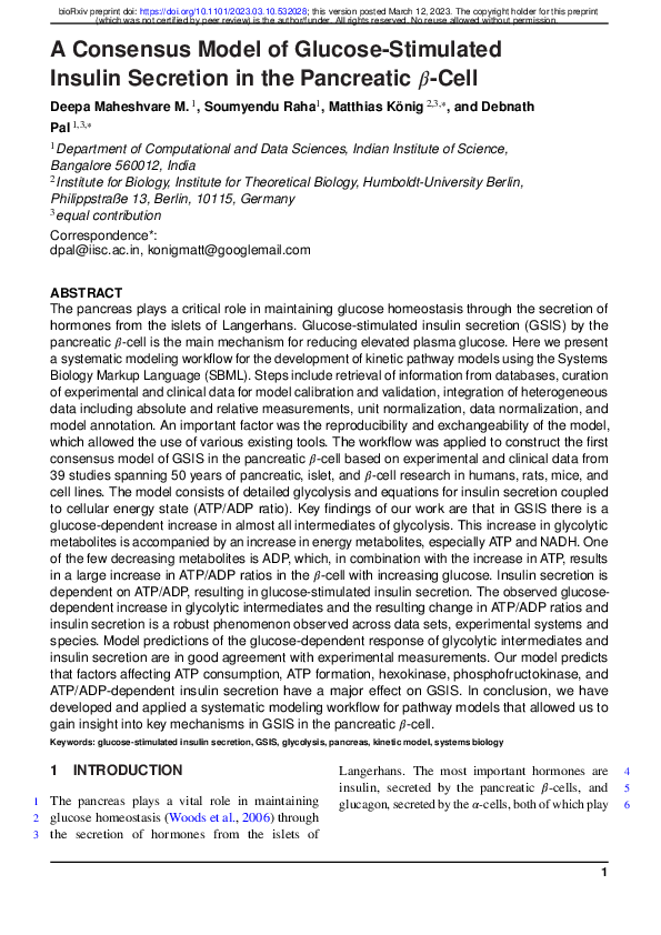 (PDF) A Consensus Model of Glucose-Stimulated Insulin Secretion in the ...