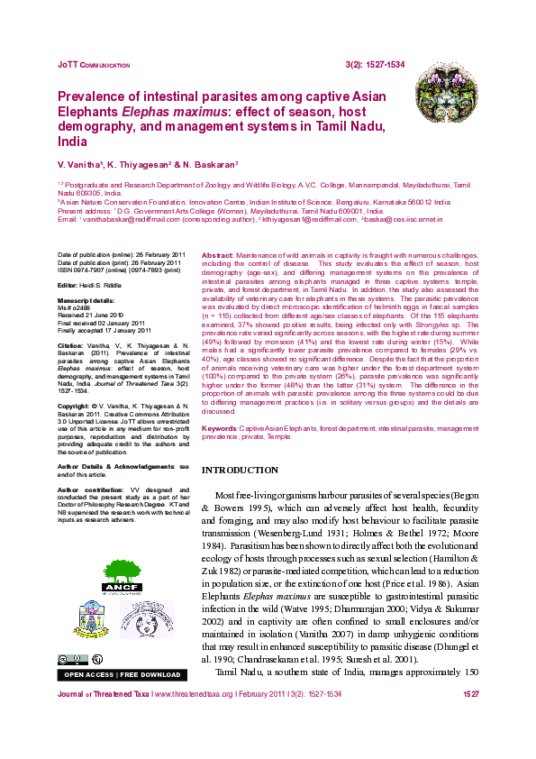 (PDF) Prevalence of intestinal parasites among captive Asian Elephants ...