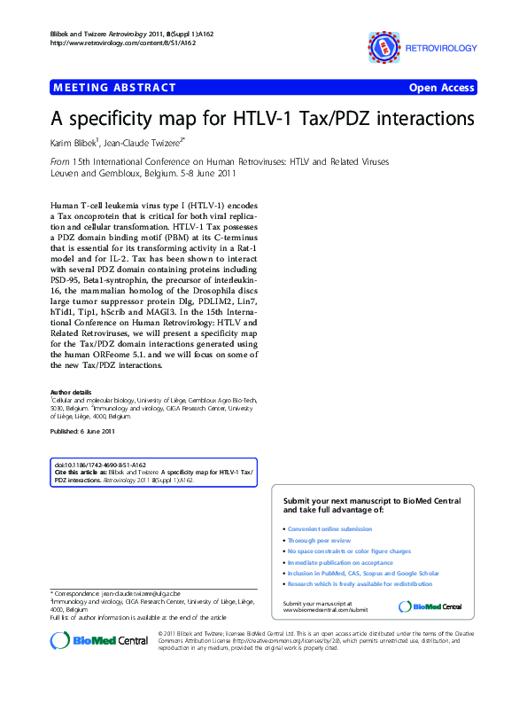 (PDF) A specificity map for HTLV-1 Tax/PDZ interactions | Jean-Claude ...