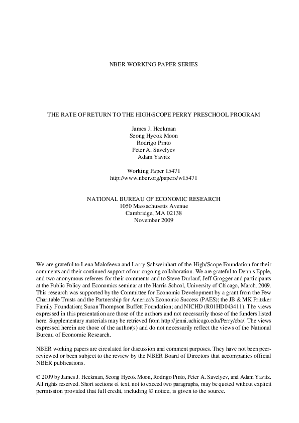 (PDF) The rate of return to the HighScope Perry Preschool Program